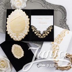 Black Velvet Gold Foil Pocket Wedding Invitation with 3D Name Tag WSNT068