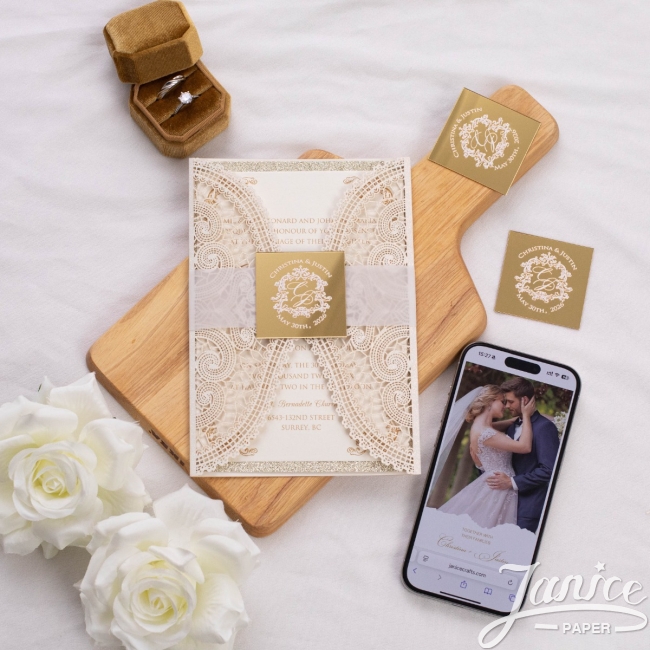 Gorgeous Chantilly Lace Laser Wedding Invitation with NFC tag NFCI017