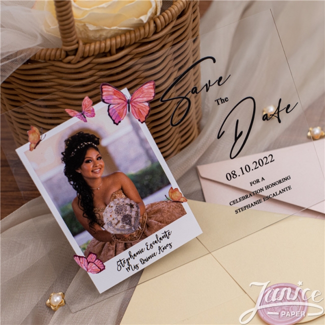 Elegant Butterfly Frame Photo Acrylic Quinceanera Invitations ACRSTD002