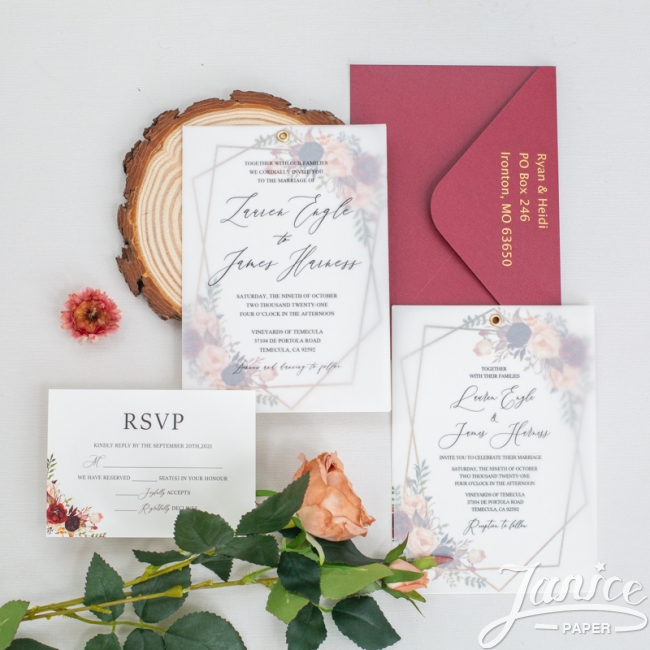 Digital printed Vellum Overlay wedding invitation WDV0005